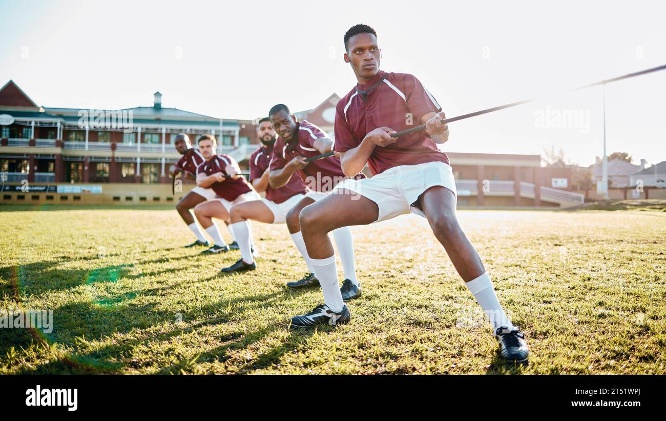 Sports, teamwork and tug of war, men at fitness training and practice ...