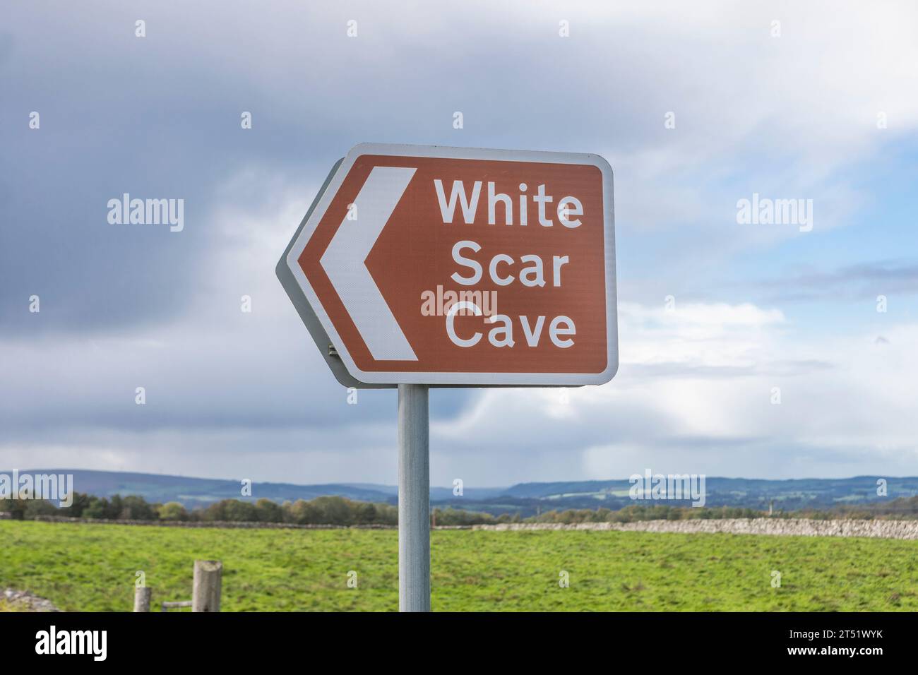 The signpost for White Scar Cave, Ingleton, North Yorkshire Stock Photo ...