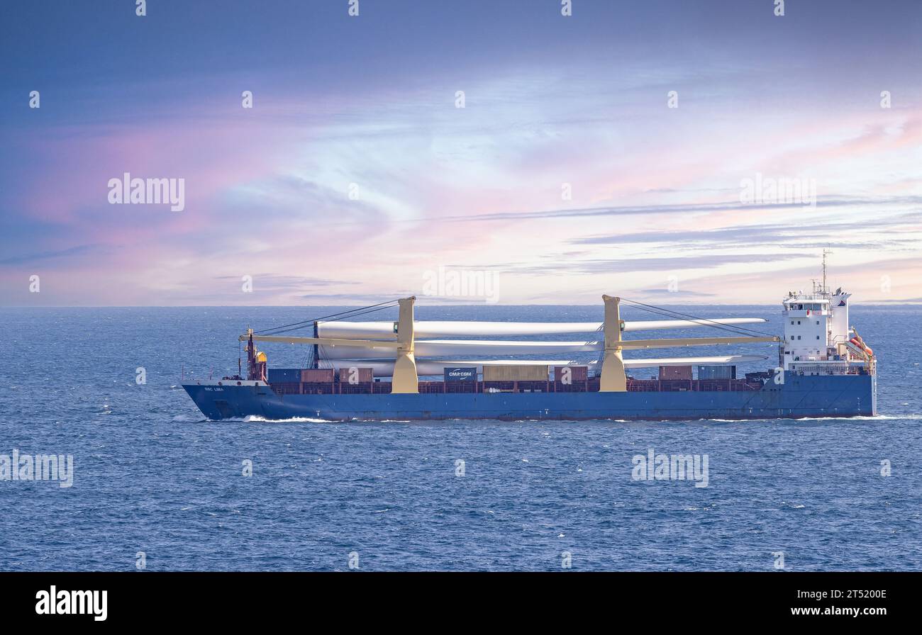 Cargo ship BBC Lima at sea carrying huge wind turbine blades in the Bay ...