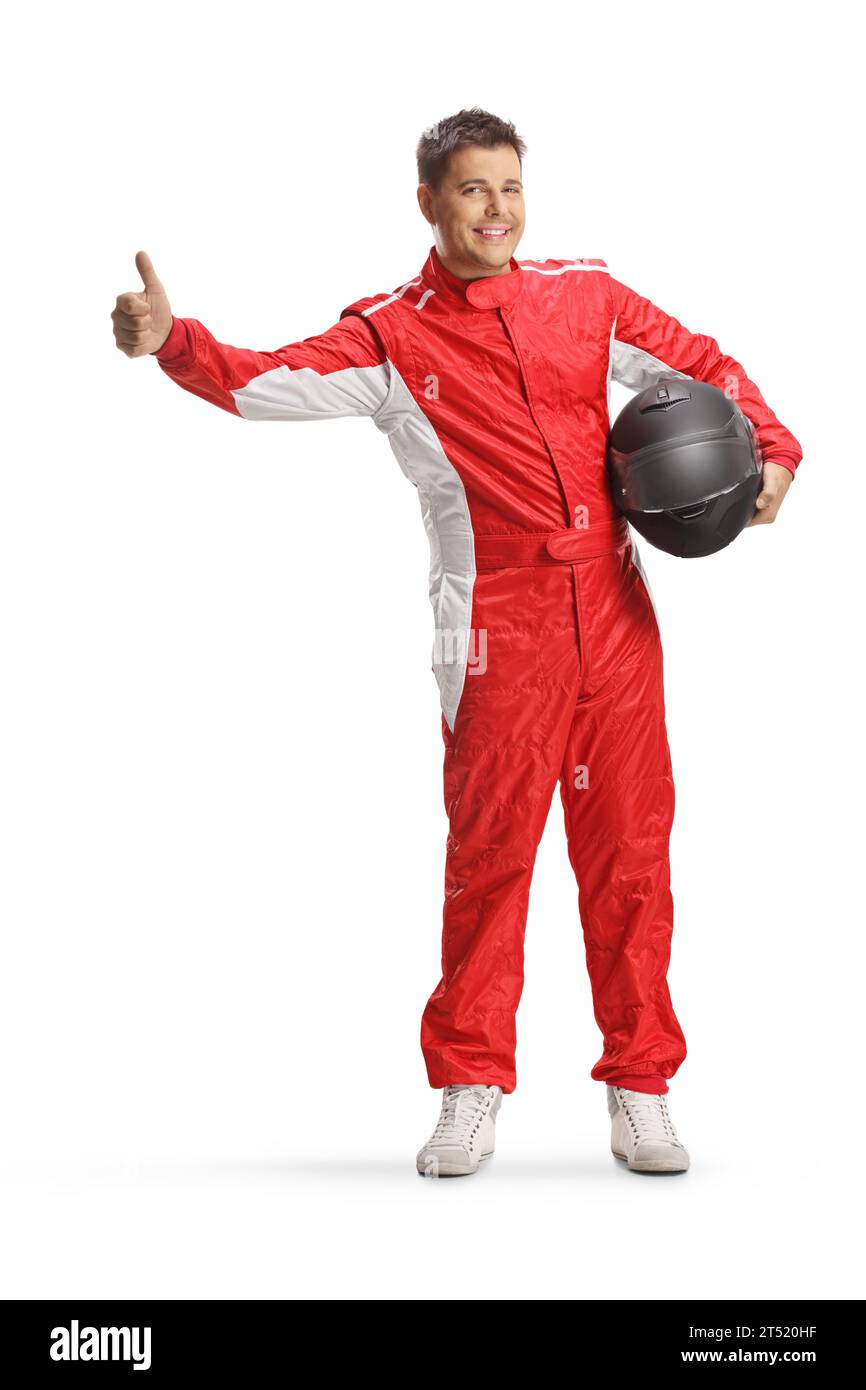 Racer in a red suit holding a helmet and hitchhiking isolated on white ...