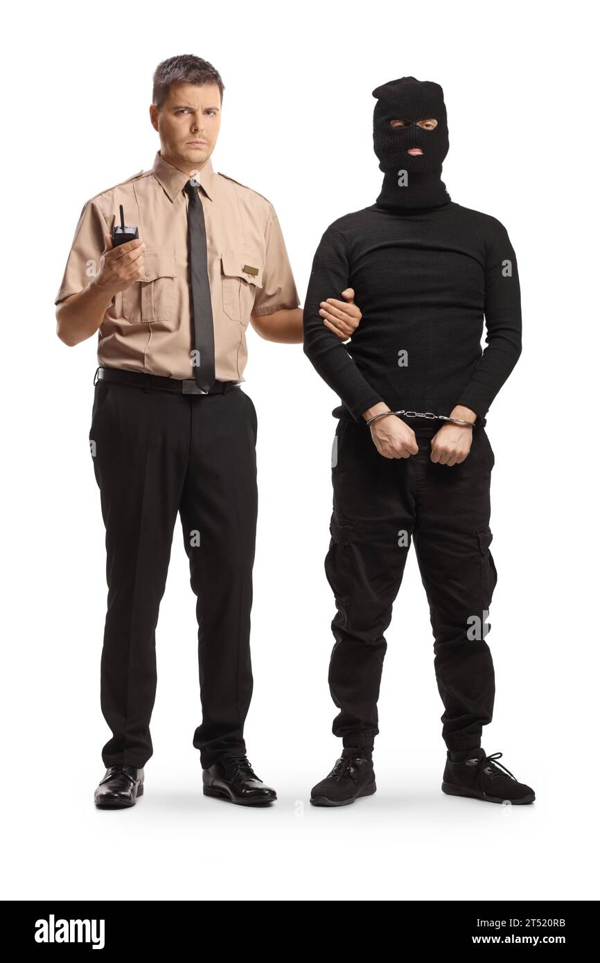 Full length portrait of a security guard standing with a burglar in ...