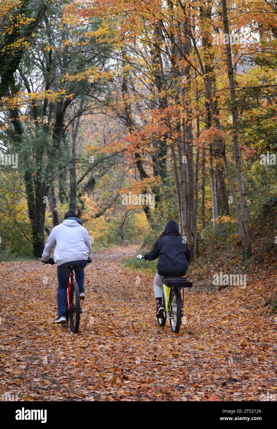 A couple enjoy an autumn bike ride along the popular Virginia Creeper ...