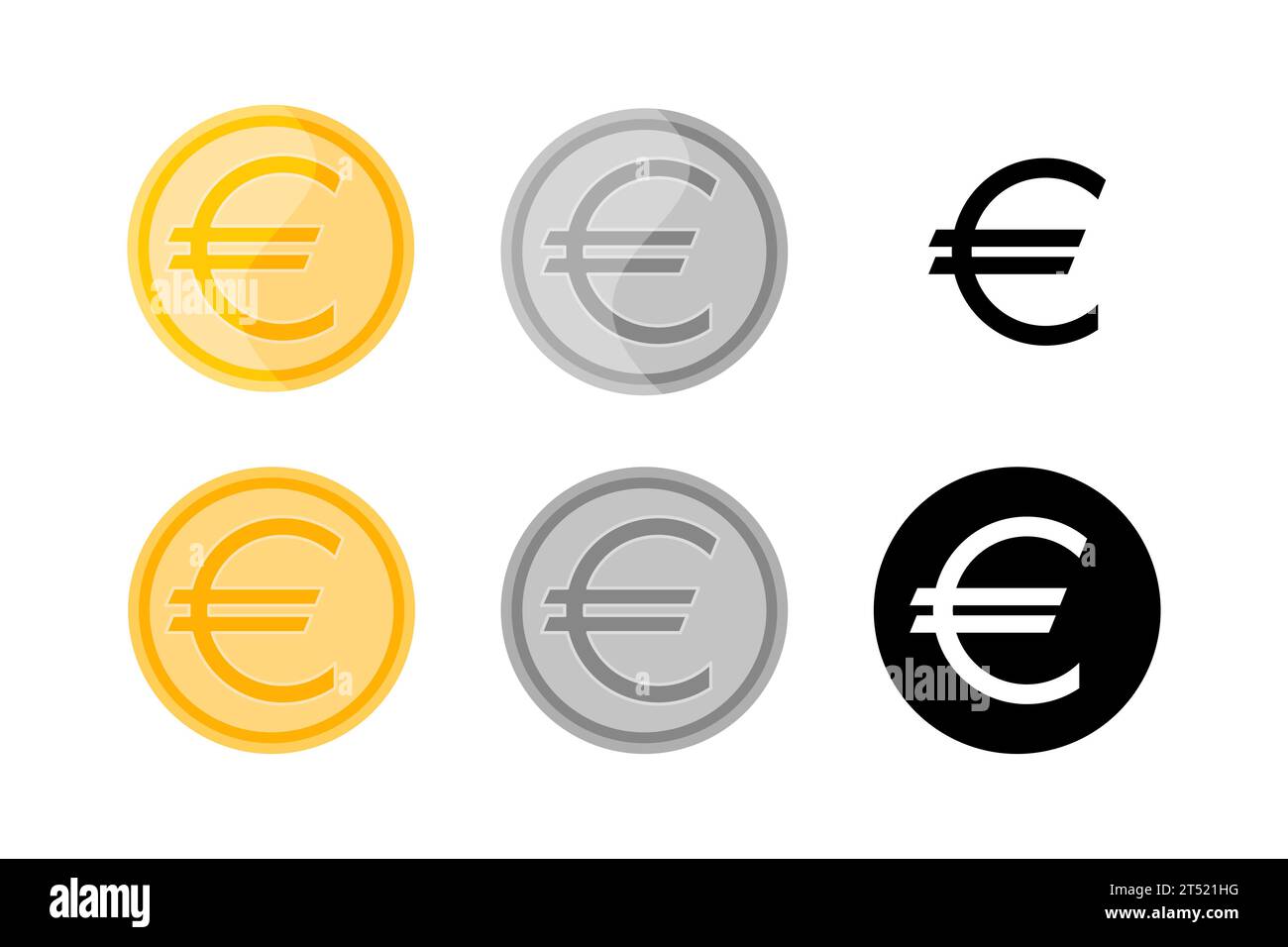 Euro sign icons isolated. Vector set of golden, silver coins and ...