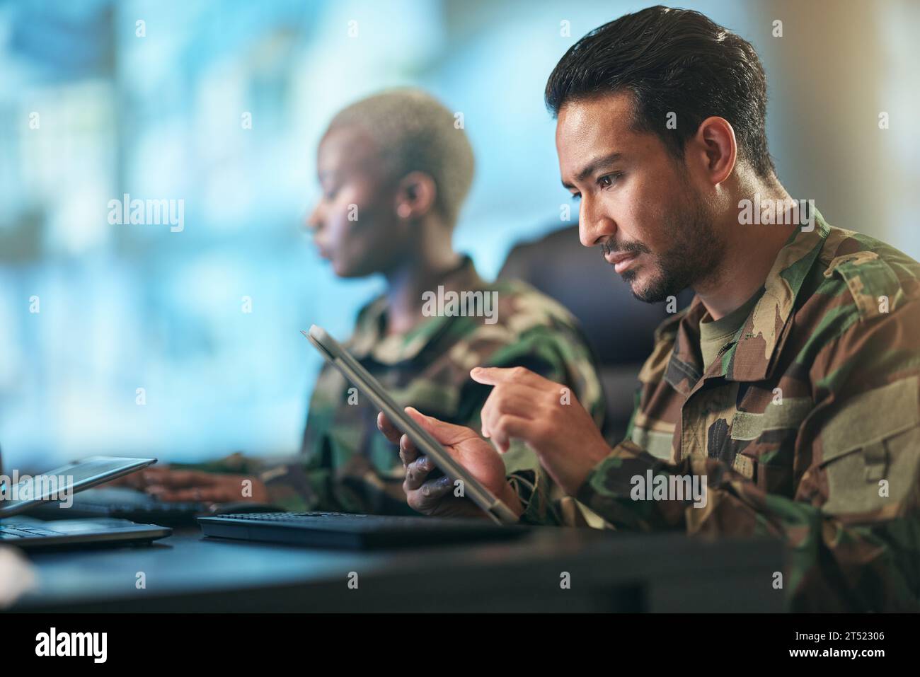 Asian man, army and tablet in surveillance, control room or checking ...