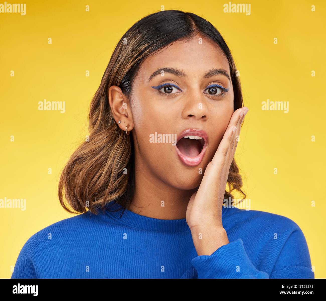 Shock, surprise and portrait of woman in a studio with a puzzled or wtf ...