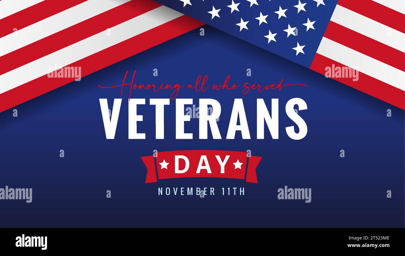 Veterans day banner with flags and red ribbon. Honoring all who served ...