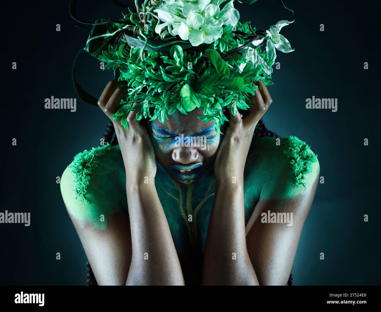 Frustrated, nature and mother earth model feeling sad from climate ...