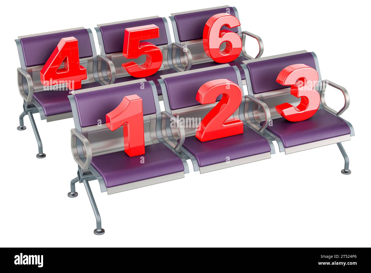 Waiting concept. Bench or chairs for waiting room with numbers, 3D ...