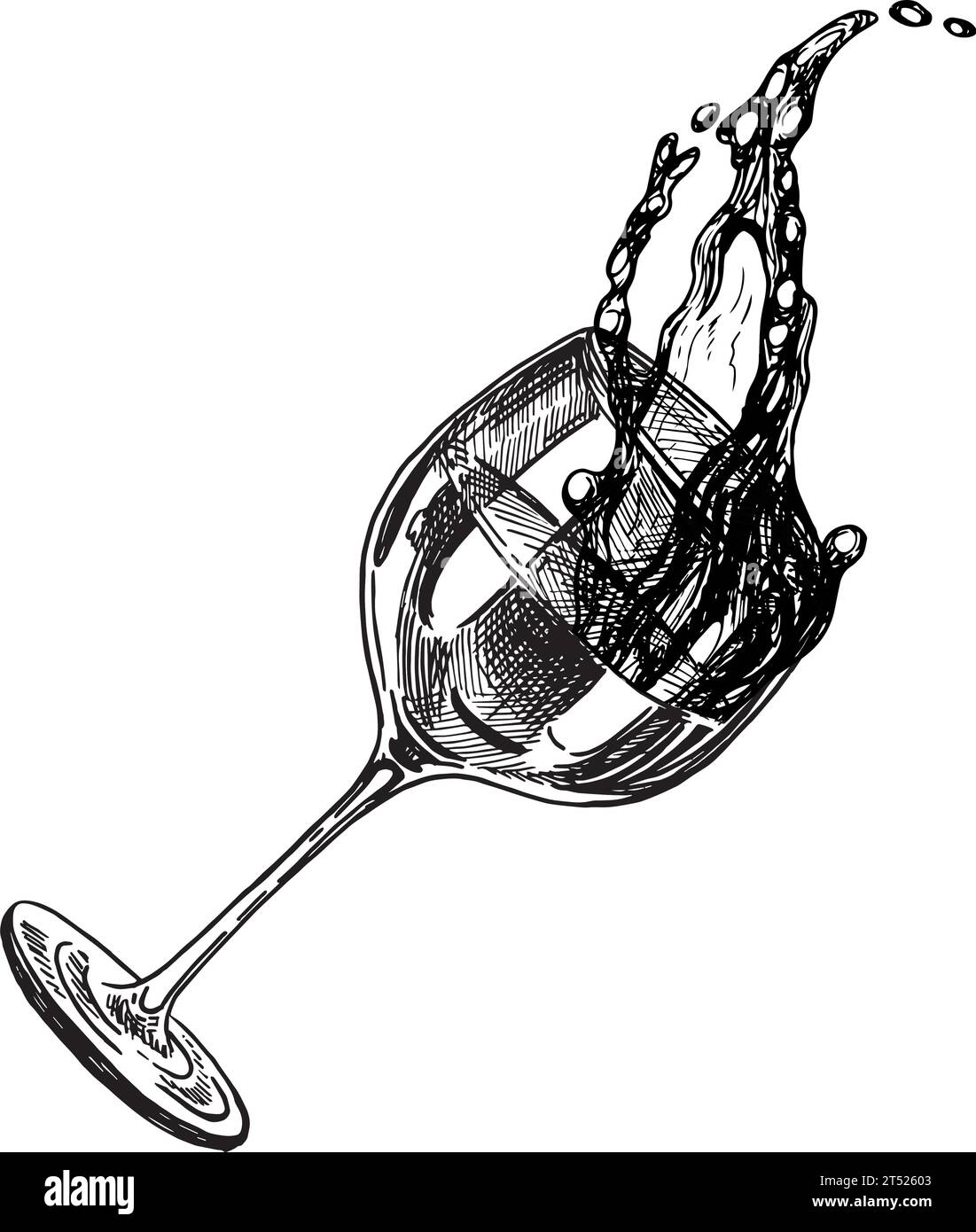 wine glass with splash drinks, sketch vector illustration. Hand drawn ...
