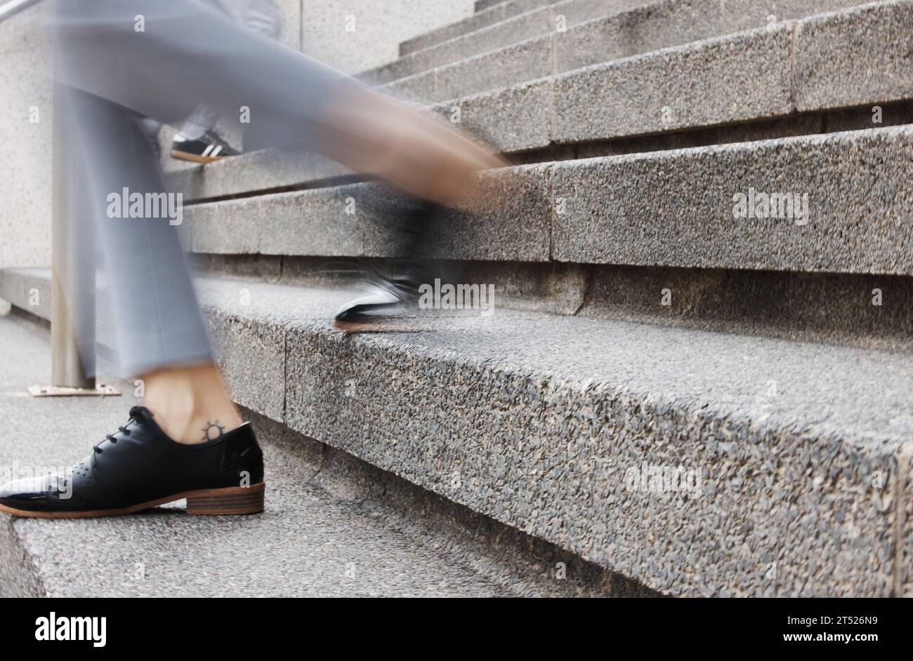Stairs, legs and outdoor person walking, leave or on urban journey ...