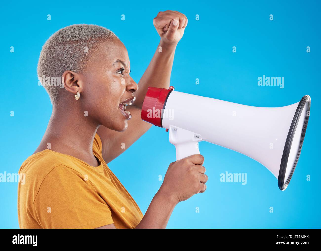 Black woman, megaphone and protest in studio, shout or profile with ...
