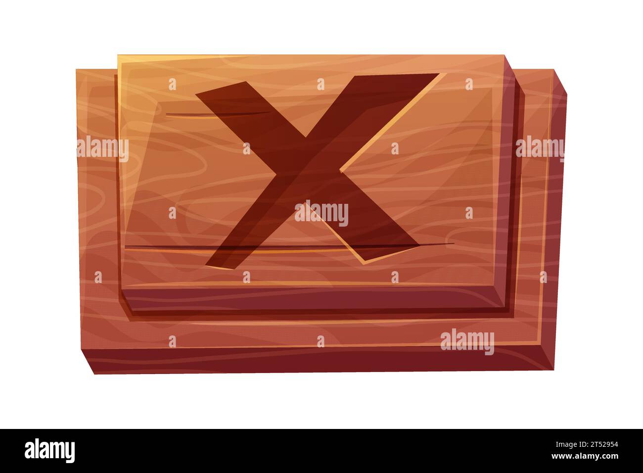 Wooden close menu button X textured in cartoon style isolated on white ...