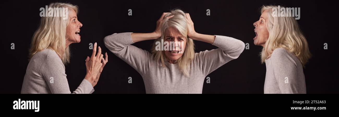 Bipolar, mental health and woman scream on composite black background ...