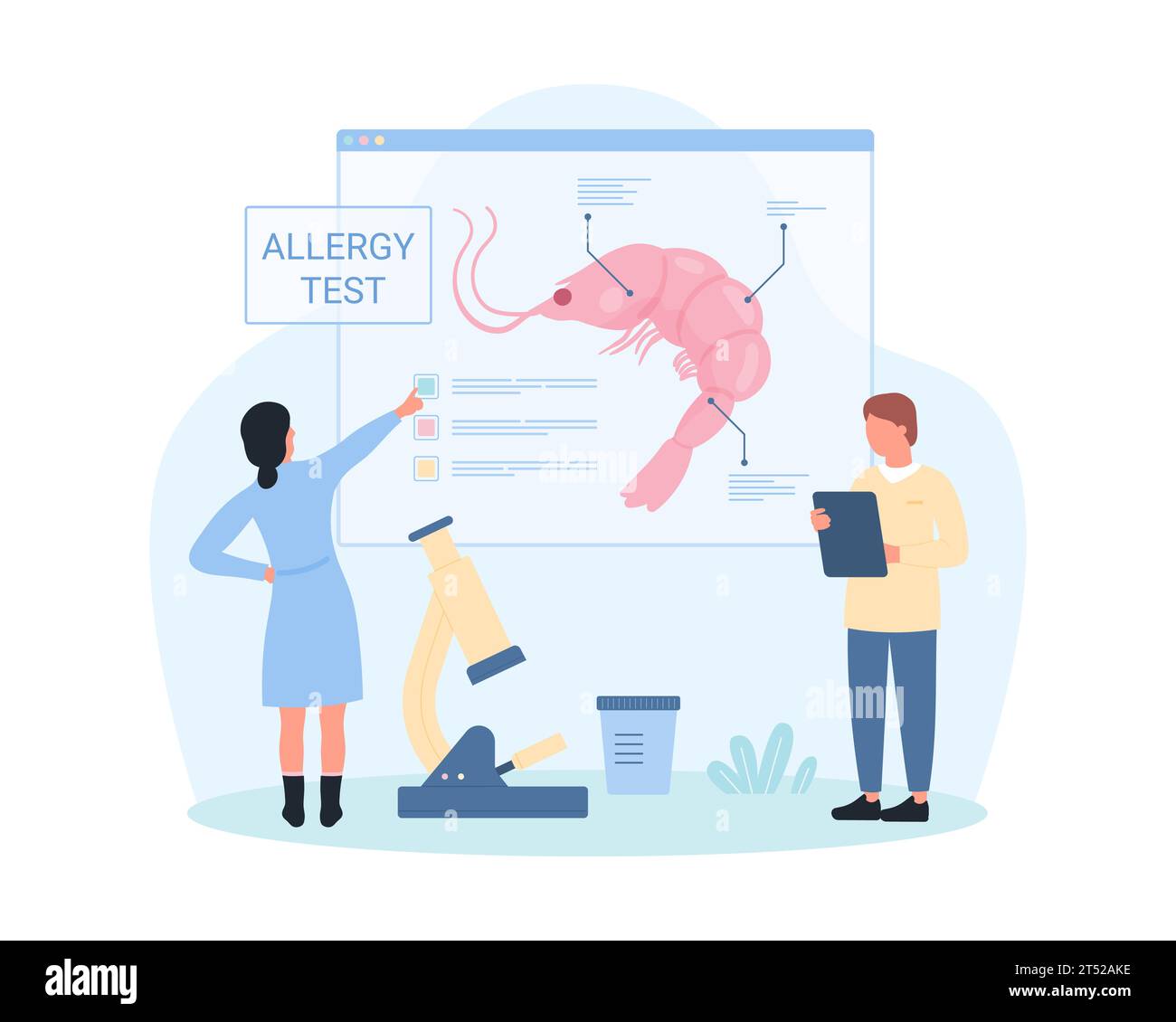 Allergy to seafood vector illustration. Cartoon tiny people research ...