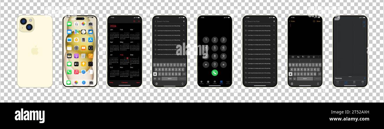 Golden Iphone 15 pro interfaces. Apple mockup. Front, back side of the ...