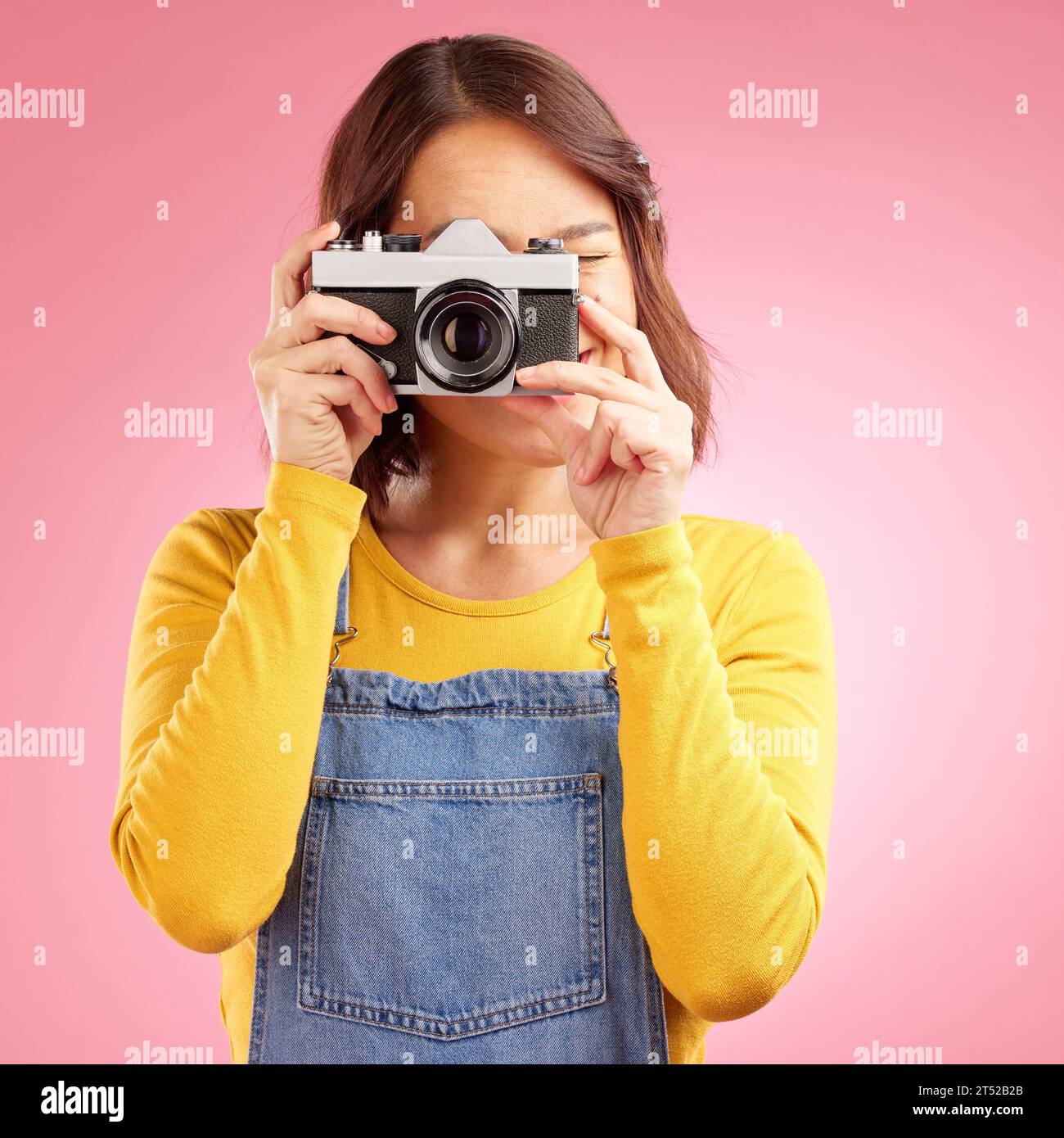 Photographer woman, retro camera and studio for shooting, memory or ...