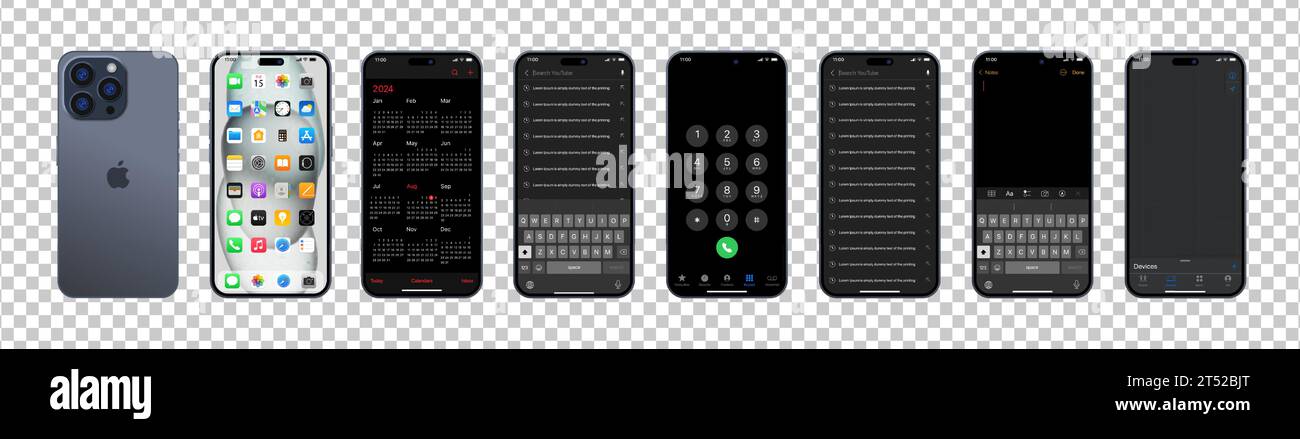 Black Iphone 15 pro interfaces. Apple mockup. Front, back side of the ...