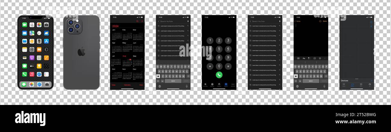 Black Iphone 15 pro interfaces. Apple mockup. Front, back side of the ...