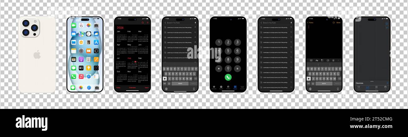 White Iphone 15 pro interfaces. Apple mockup. Front, back side of the ...