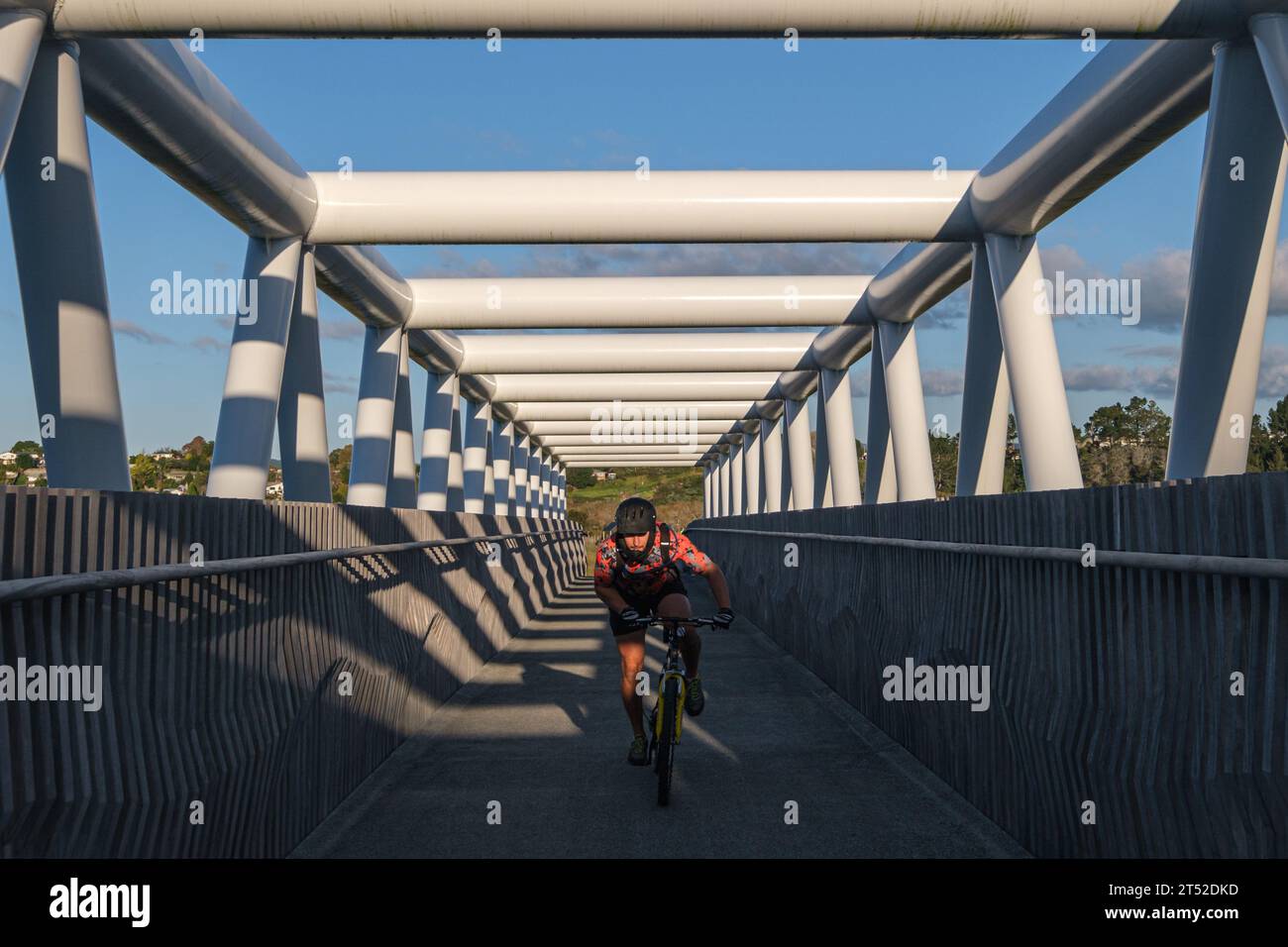 Cyclist riding a mountain bike speeding towards camera over a bridge ...