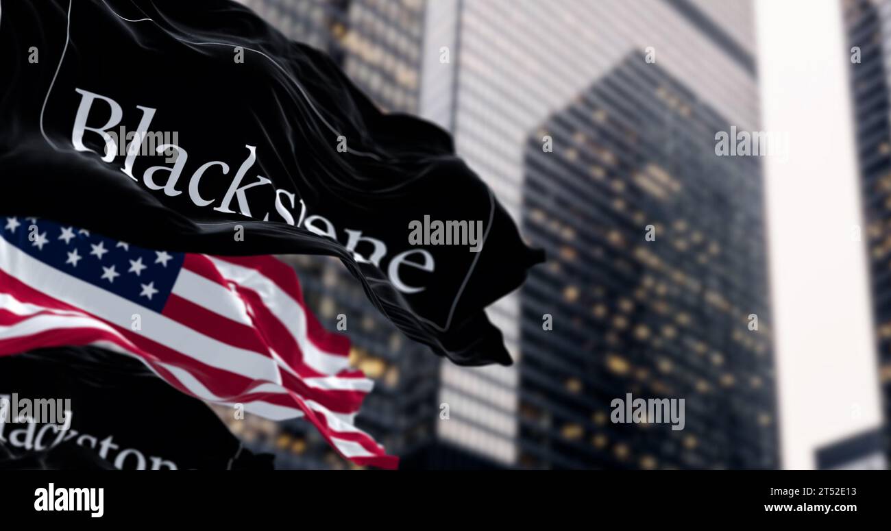 New York, US, Oct. 4 2023: Blackstone black flags waving with american ...