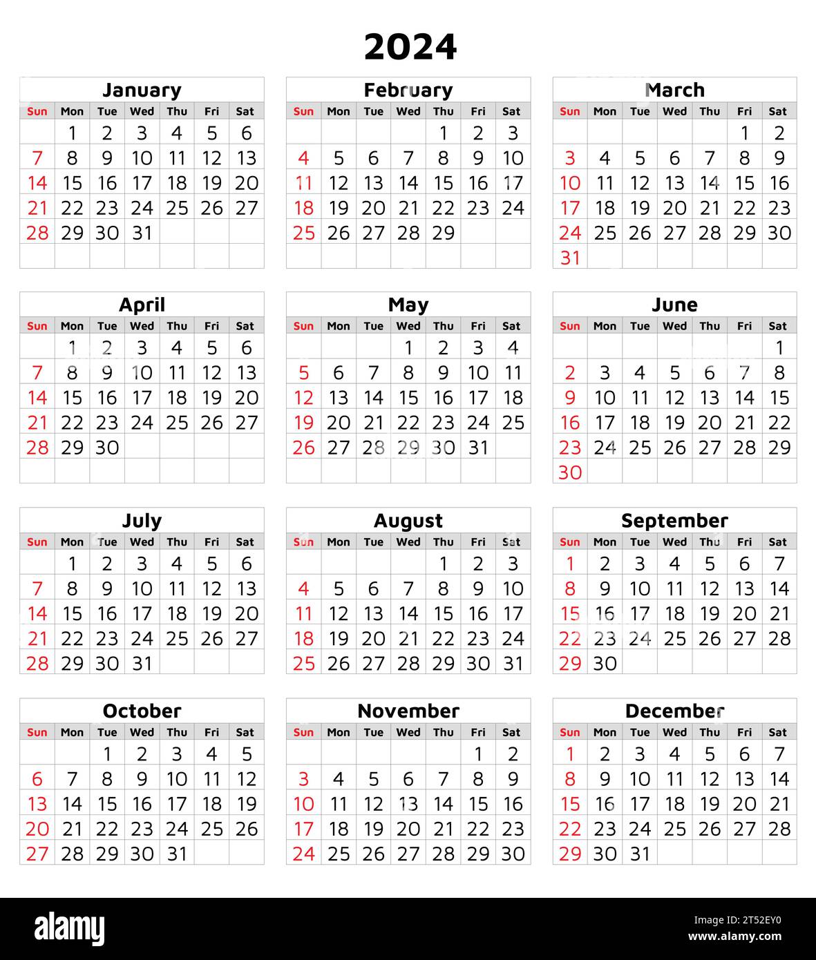 2024 calendar, vertical with grid. Modern vector illustration. Plan ...