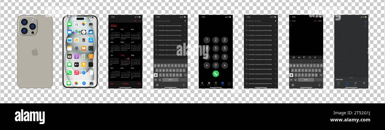 Gray Iphone 15 pro interfaces. Apple mockup. Front, back side of the ...