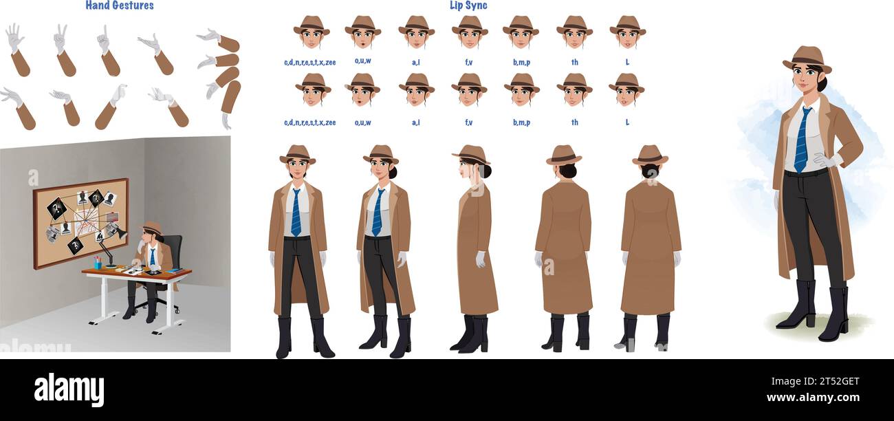 A female detective, agent model sheet. Detective creation set. Investigator turnaround sheet ...
