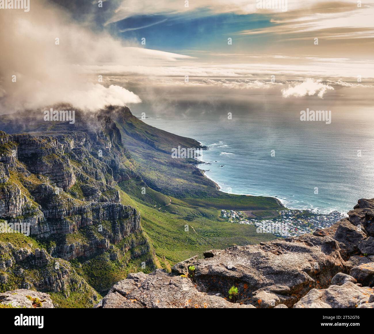 Aerial view of clouds rolling over Table mountain in Cape town, South ...