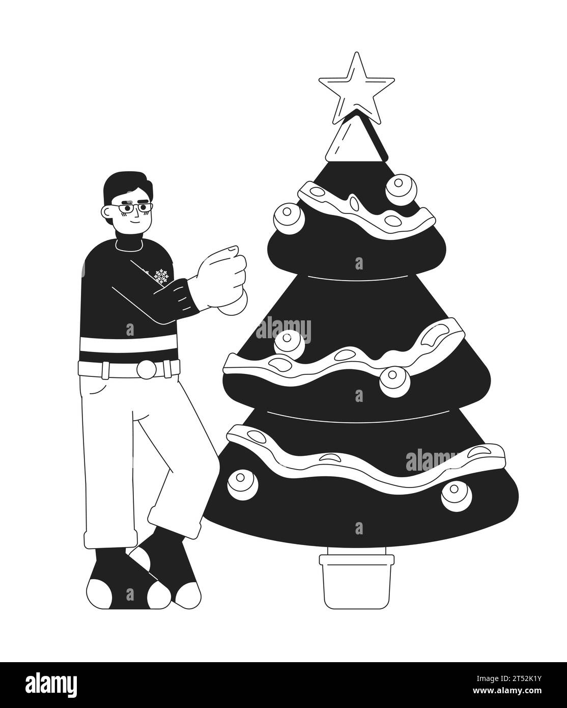 Eyeglasses asian man decorating Christmas tree black and white 2D ...