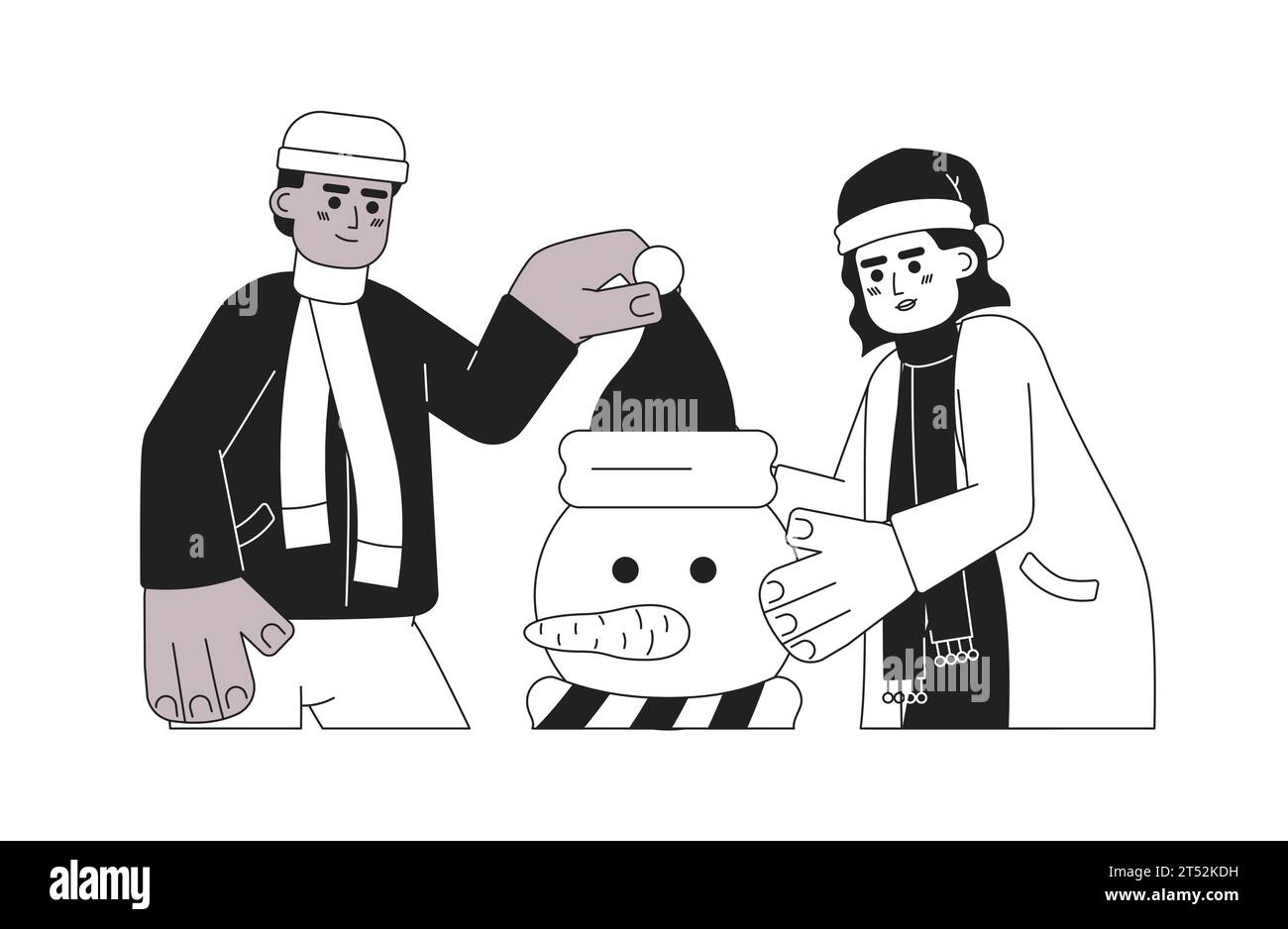 Winter clothes friends making snowman black and white 2D cartoon ...
