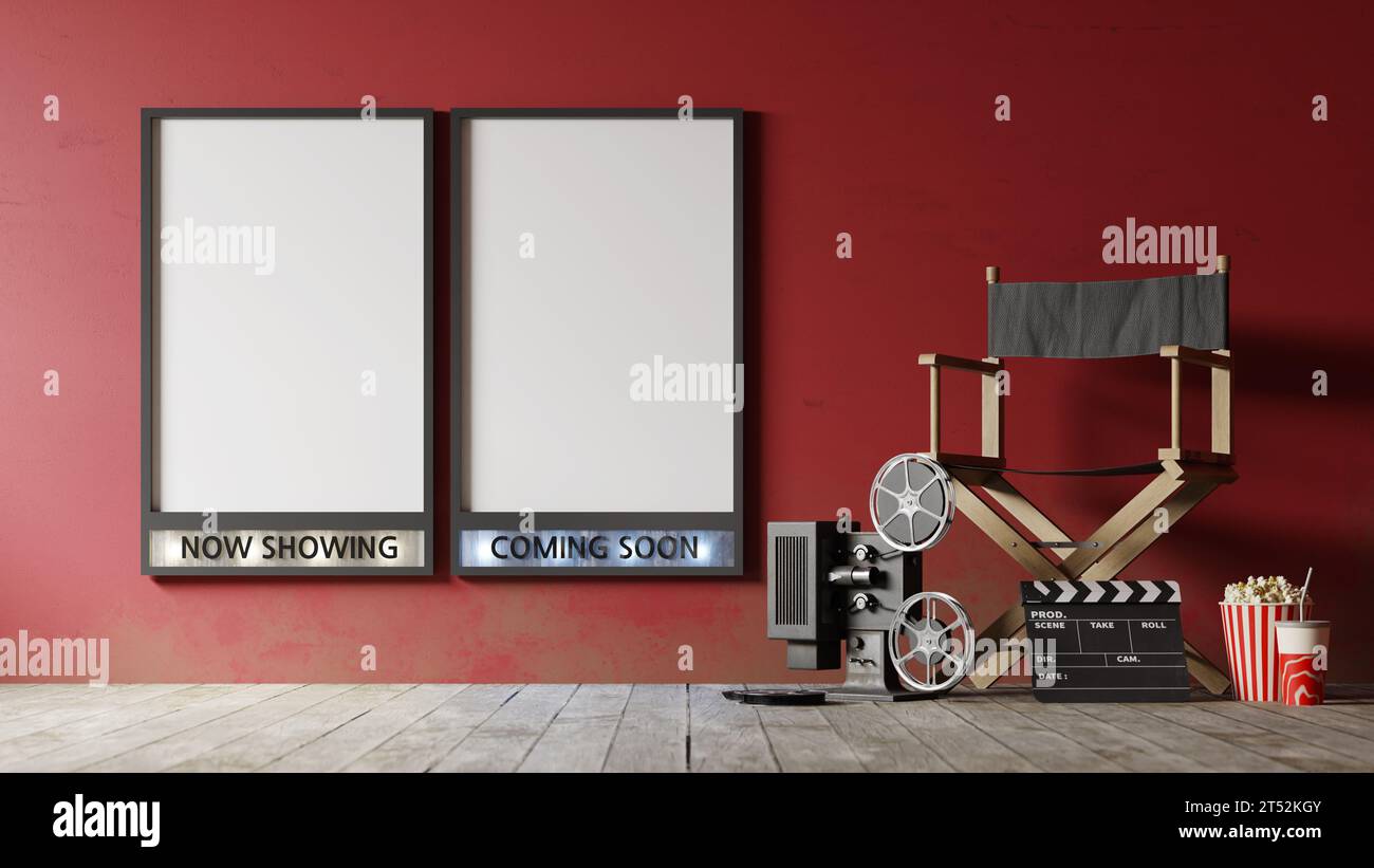 Two movie posters with "Now Showing" and "Coming Soon" on the red wall ...