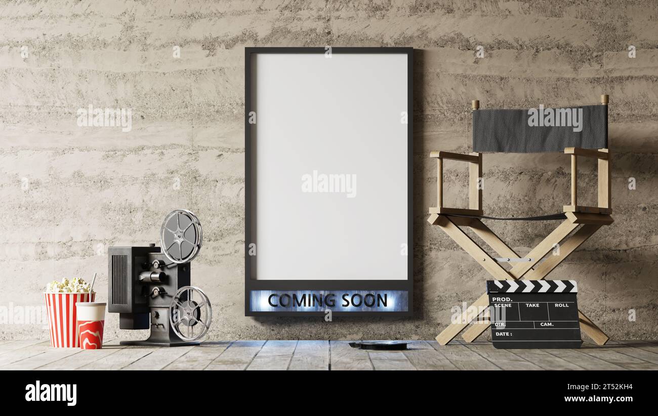 A movie poster mock-up with "Coming Soon" is accompanied by popcorn, a ...