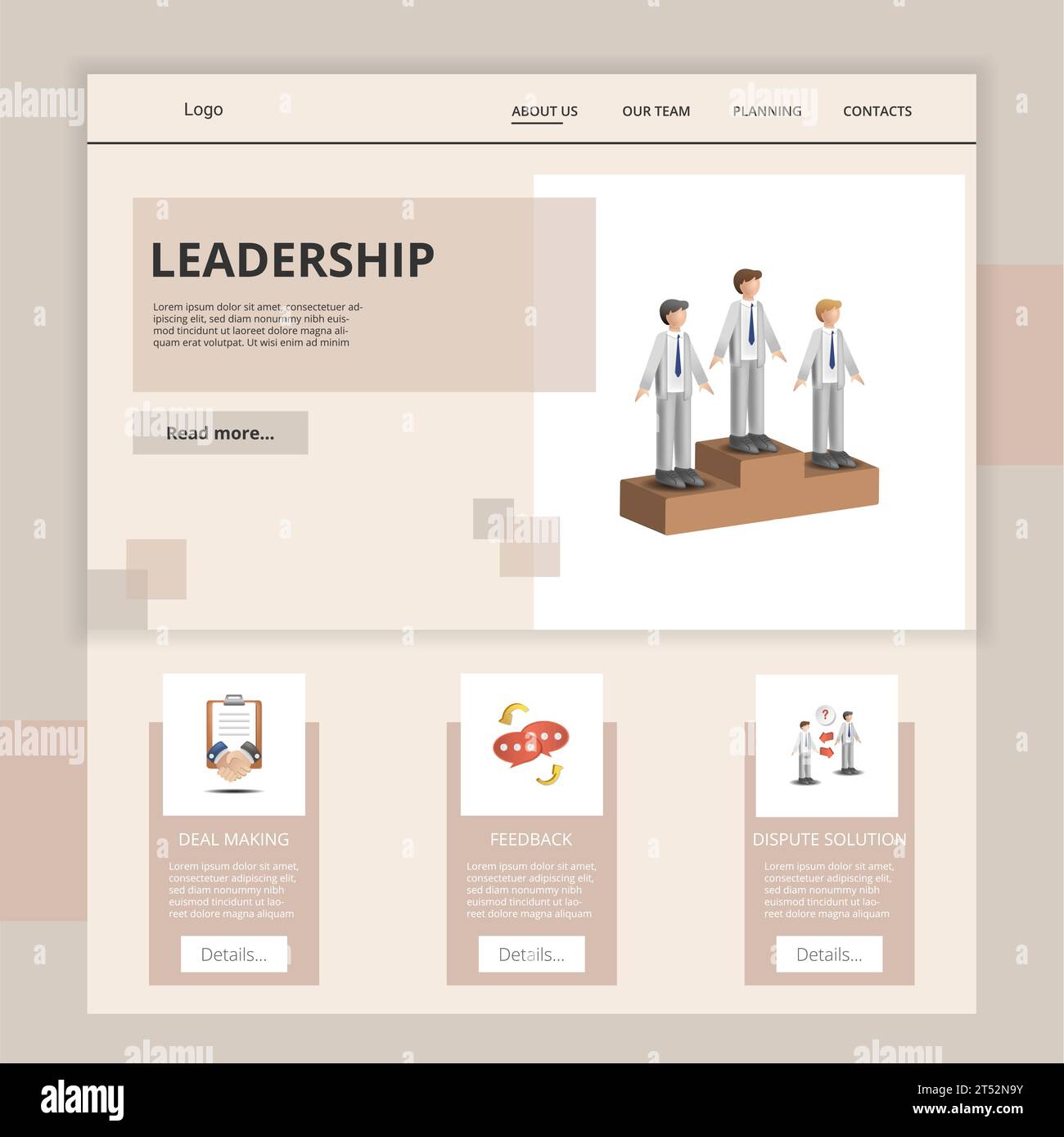 Leadership flat landing page website template. Deal making, feedback ...