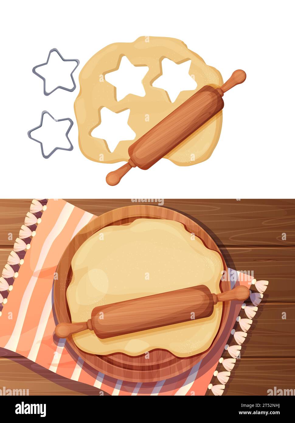 Dough with rolling pin cookie cutter star shape top view cartoon style ...