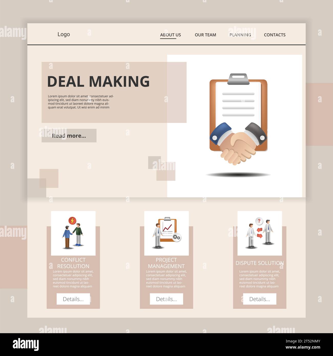 Deal making flat landing page website template. Conflict resolution ...