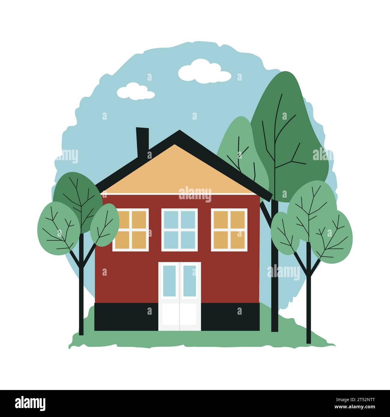 Small house, trees around. House in nature. European style. Vector ...