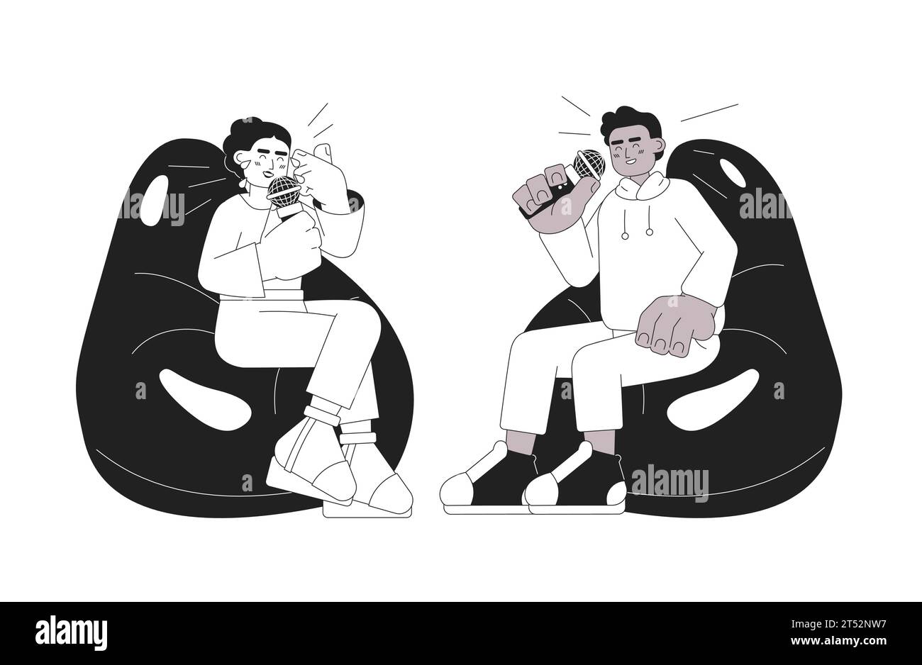 Comedy podcast black and white cartoon flat illustration Stock Vector ...