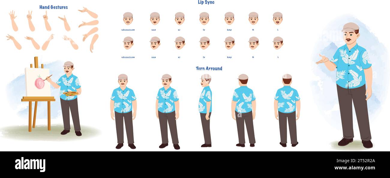 A painter, artist model sheet. Male painter, artist creation set. Artist turnaround sheet, hand ...