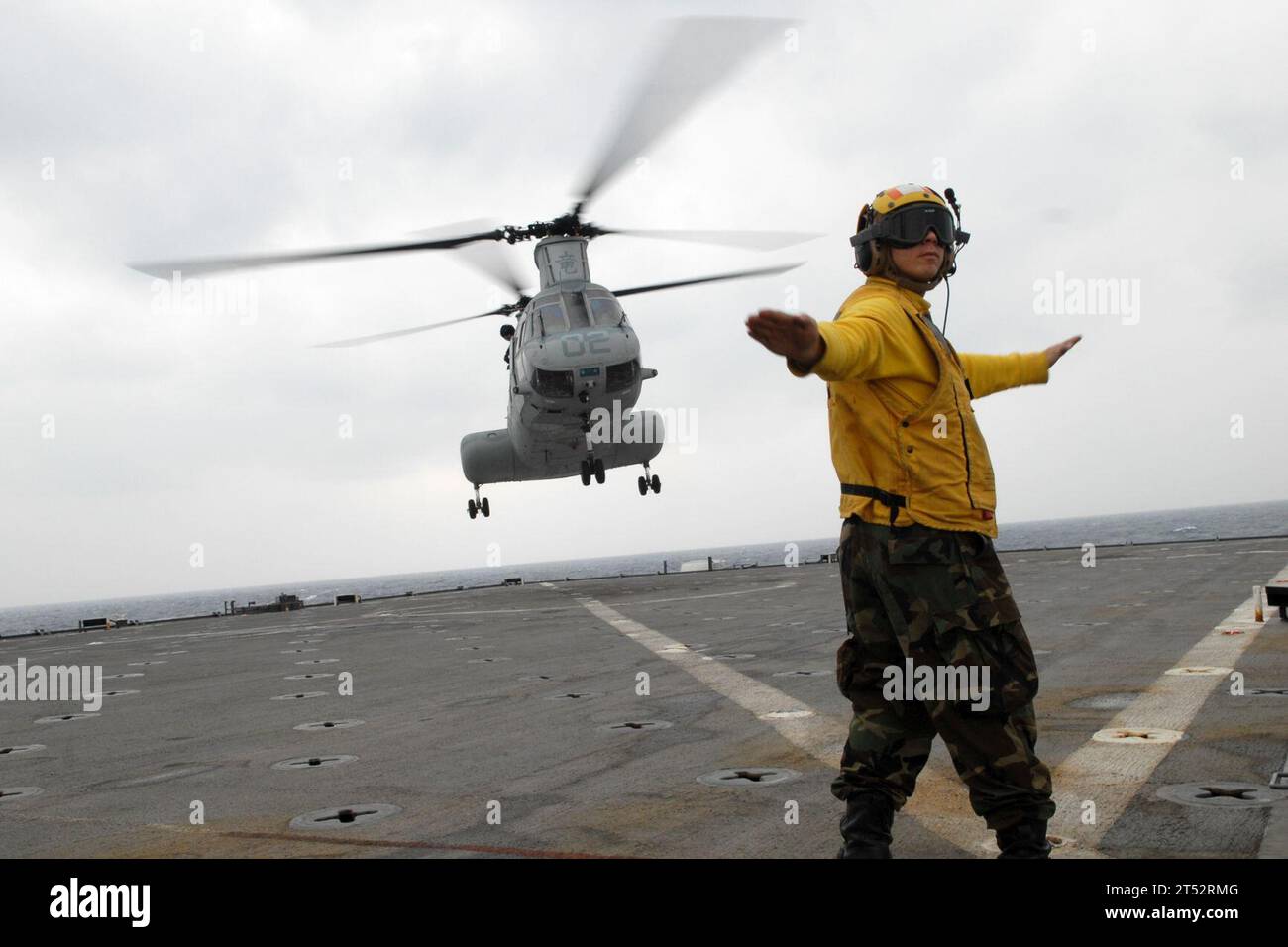 amphibious dock landing ship, CH-46 Sea Knight helicopter, flight deck ...