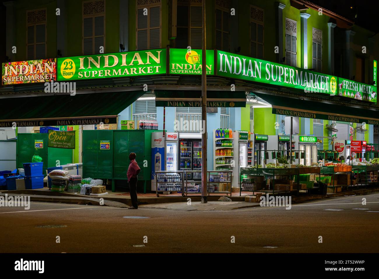 An illuminated Indian Supermarket at night in Little India, Singapore ...