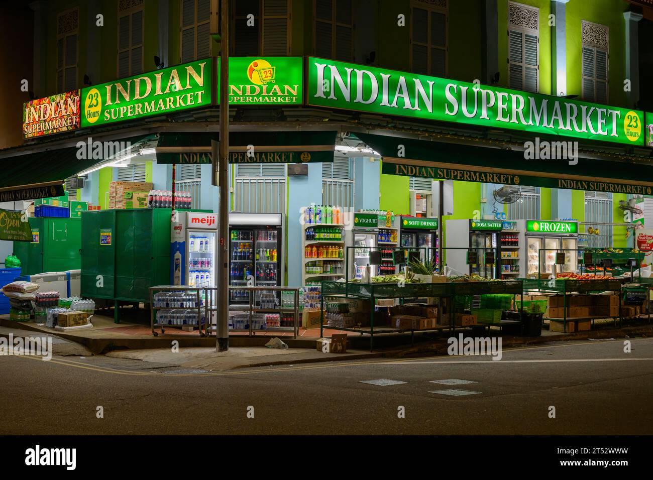 An illuminated Indian Supermarket at night in Little India, Singapore ...