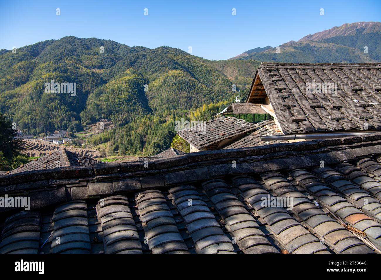 Tulou, Fujian province, China Hakka architecture, close up on the roof ...
