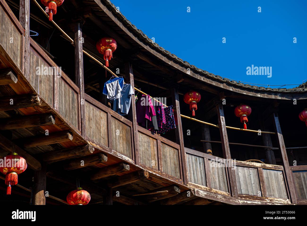 Close up on The round roof of the buildings inside Fujian earthen ...