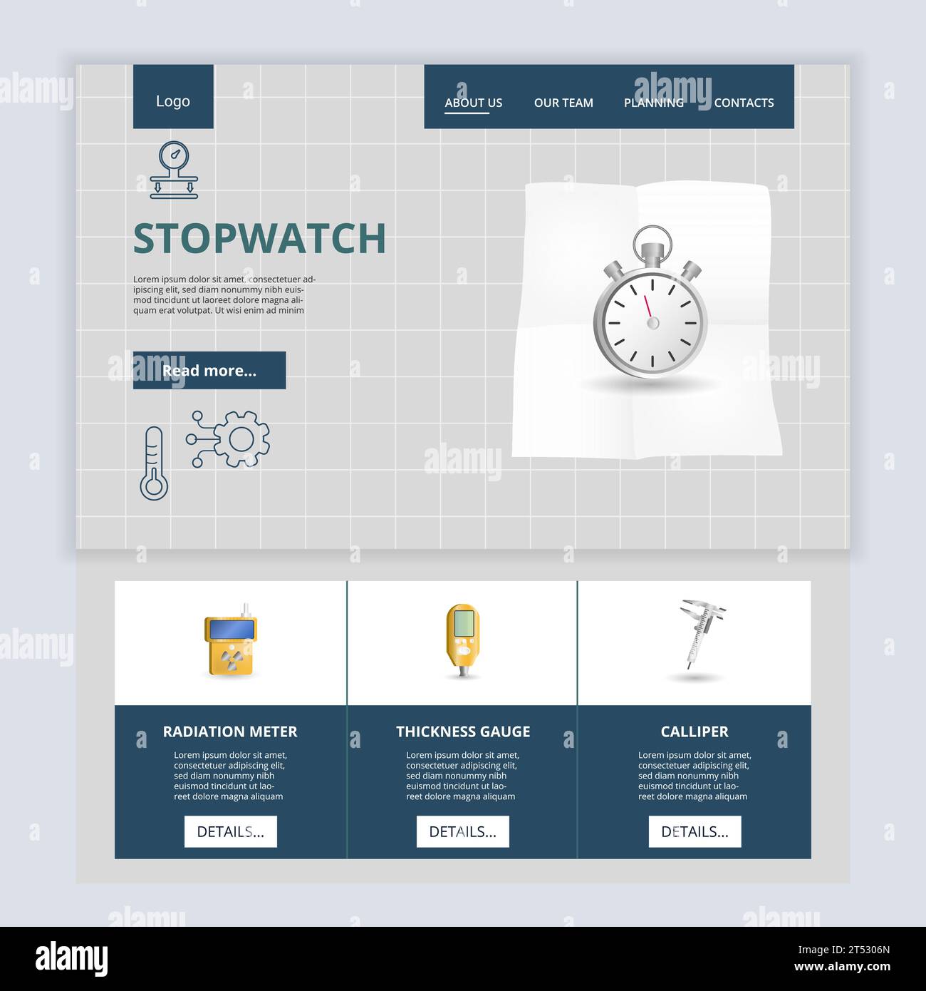 Stopwatch flat landing page website template. Radiation meter ...