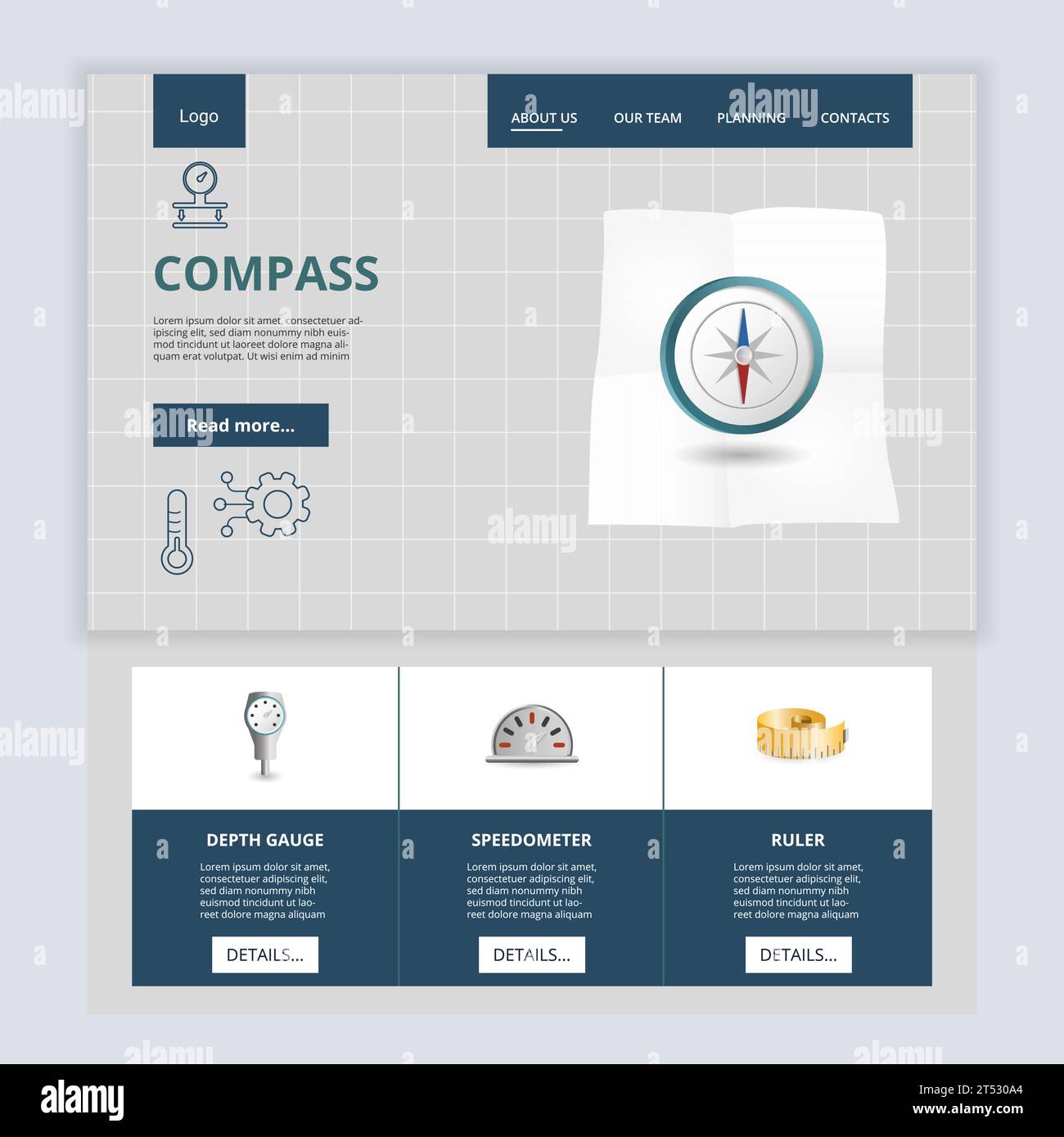 Compass flat landing page website template. Depth gauge, speedometer, ruler. Web banner with ...
