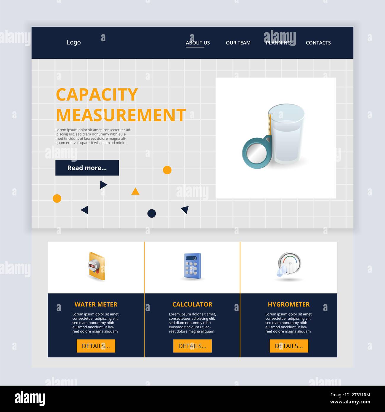 Capacity measurement flat landing page website template. Water meter ...