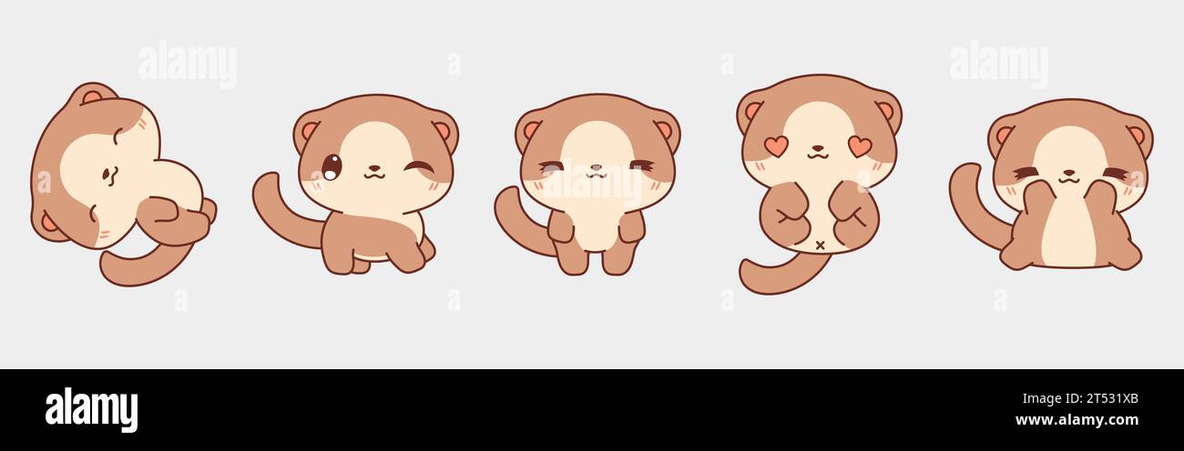 Collection of Vector Cartoon Baby Ferret Art. Set of Kawaii Isolated ...