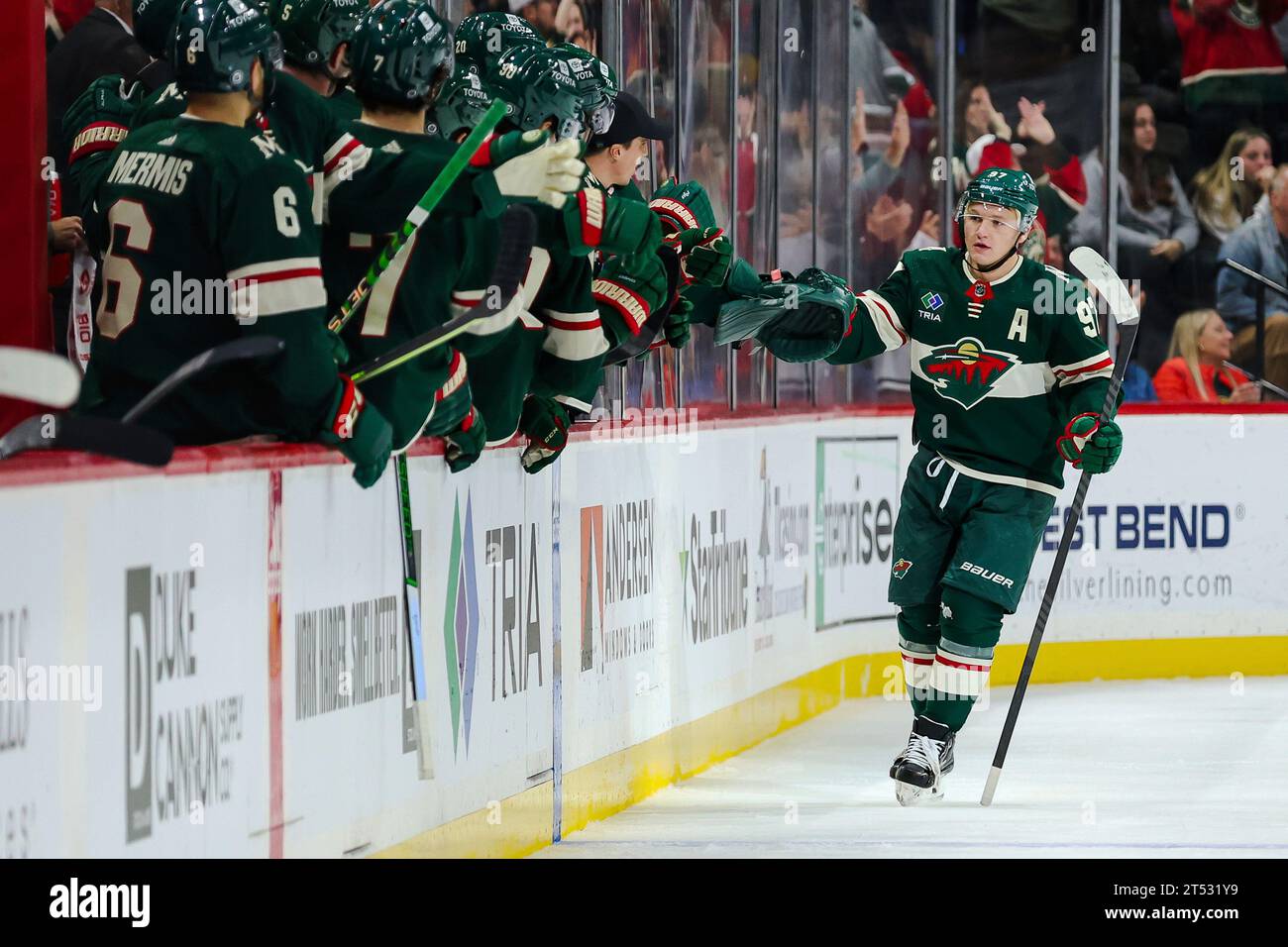 Minnesota Wild left wing Kirill Kaprizov, right, is congratulated after ...