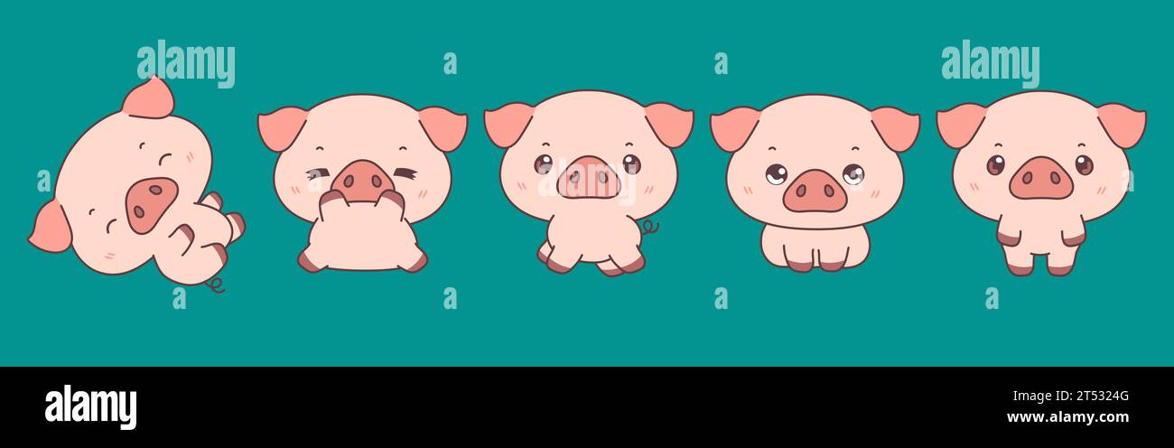 Set of Kawaii Isolated Baby Pig. Collection of Vector Cartoon Farm ...